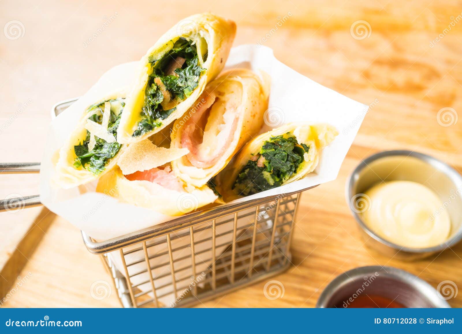 Fried Spring Roll with Ham Cheese and Spinach Vegetable Stock Photo ...