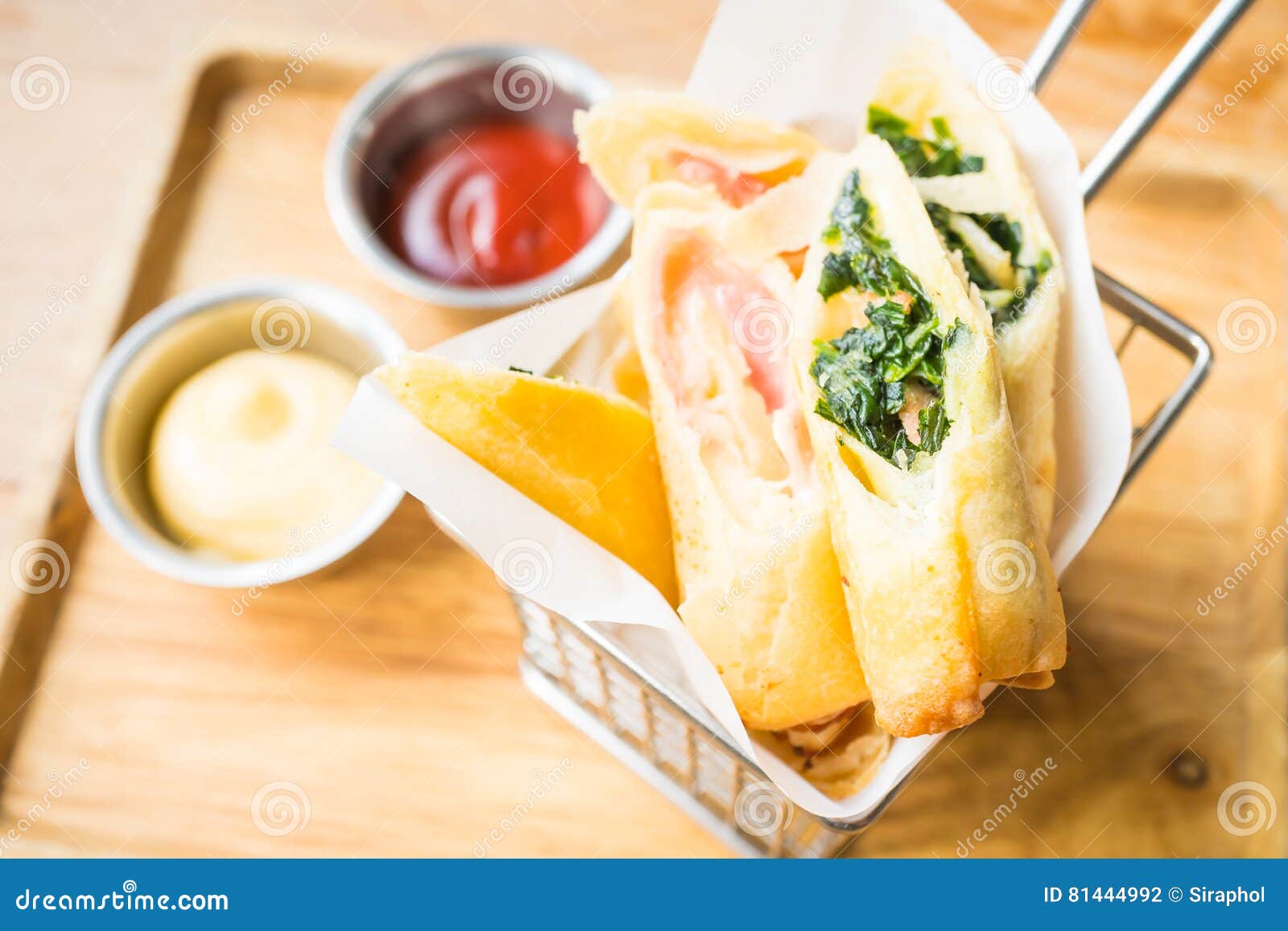 Fried Spring Roll with Ham Cheese and Spinach Vegetable Stock Photo ...