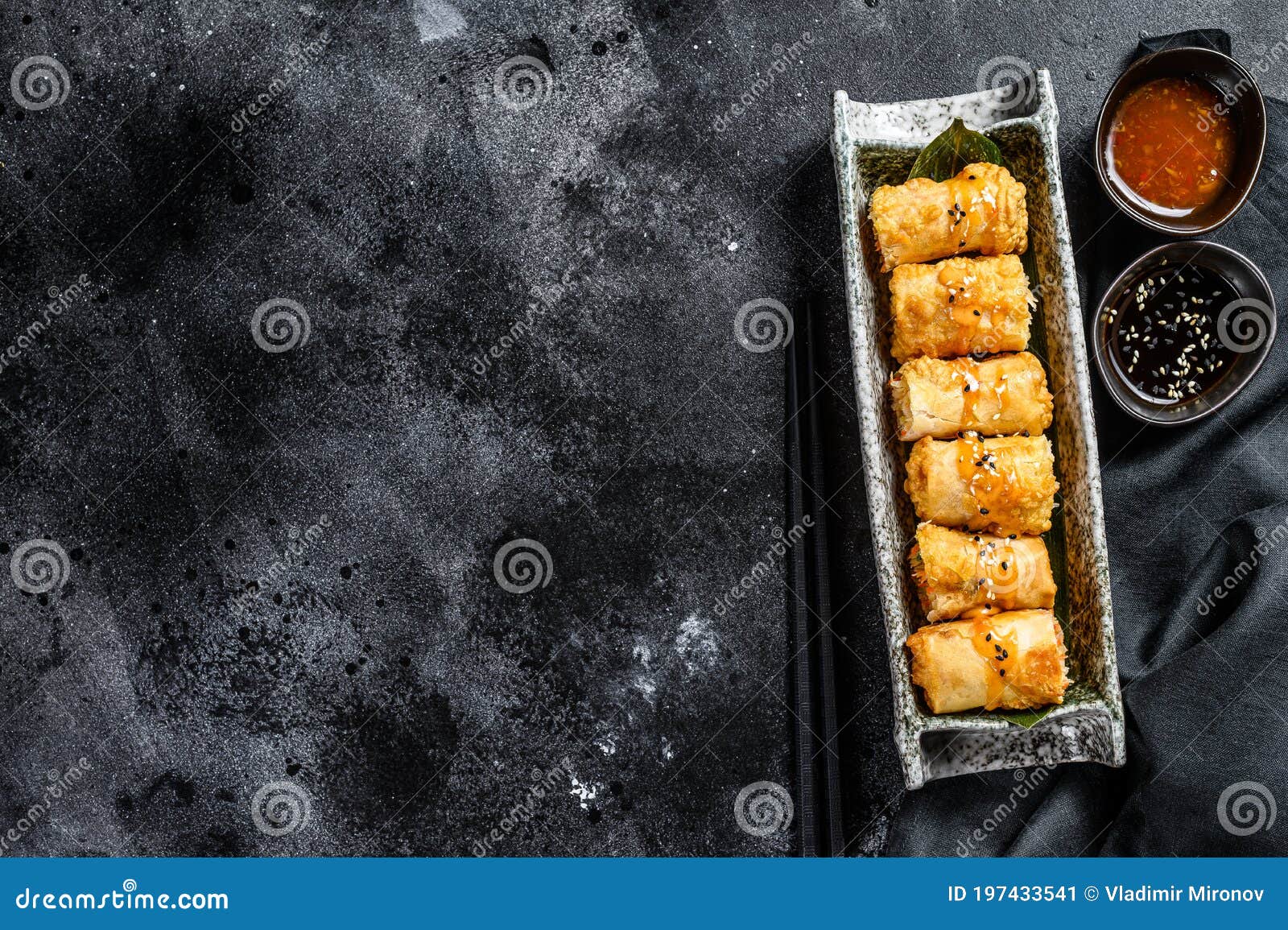 Fried Spring Rolls. Black Background. Traditional Chinese Cuisine. Top ...