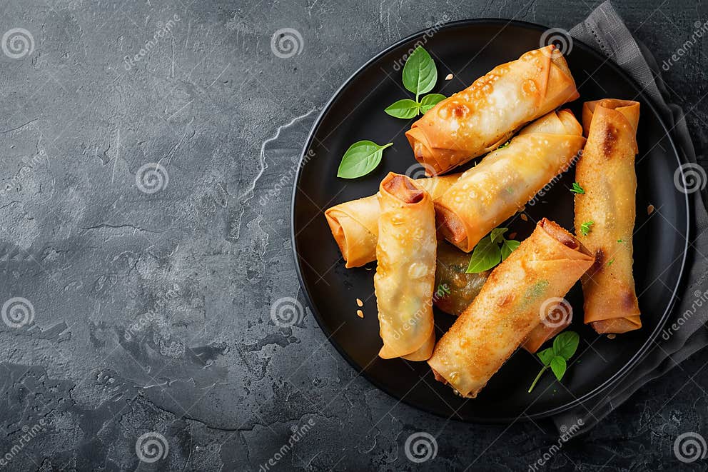 Fried Spring Rolls on a Black Plate with Various Spices and Herbs on a ...