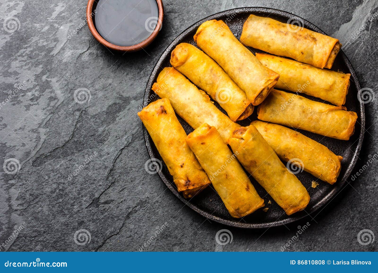 Fried Spring Rolls on Iron Plate. Top View Stock Photo - Image of roll ...