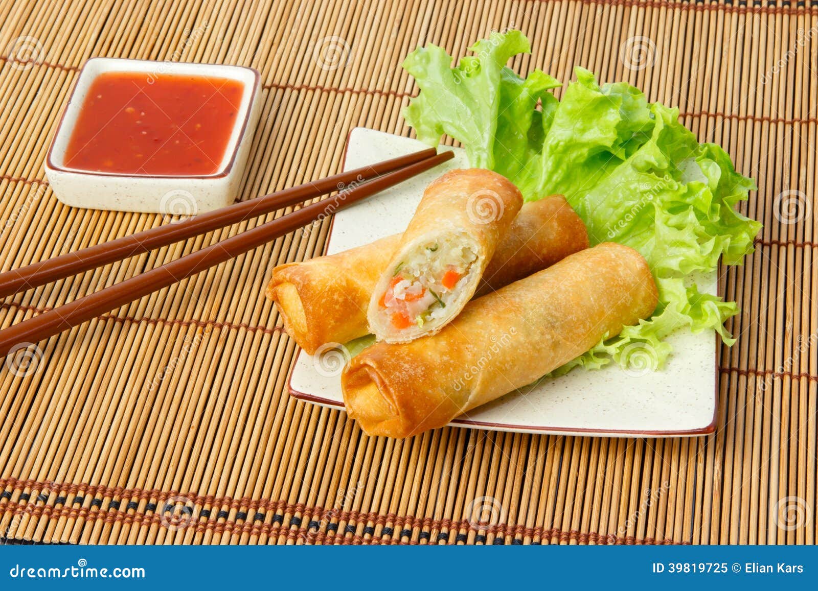 Fried Spring Rolls, One Cut, on a Plate Stock Image - Image of lettuce ...