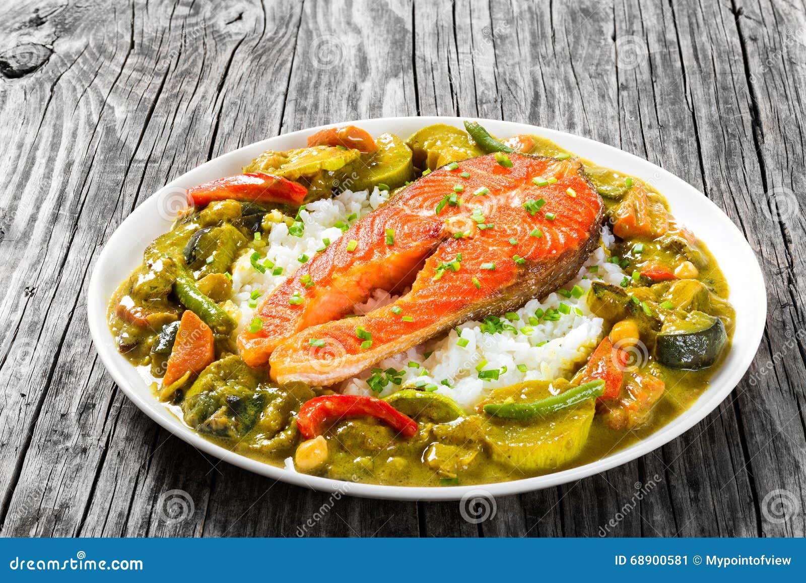 Fried Steak of Red Fish with Rice and Homemade Curry Stock Image ...