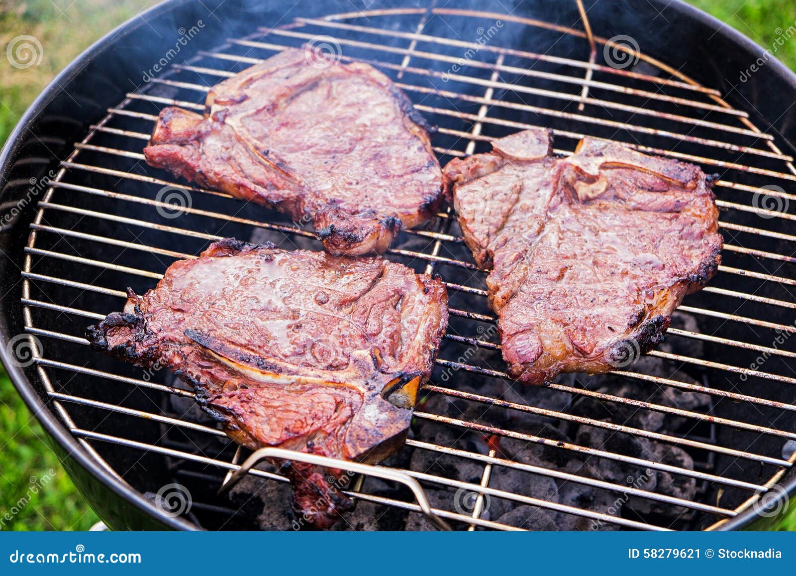 Fried Steaks on a Grill stock image. Image of bone, green - 58279621