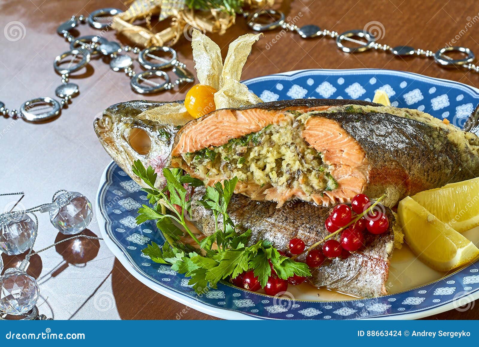 Fried Stuffed Fish on a Platter Festive Menu Stock Photo - Image of ...