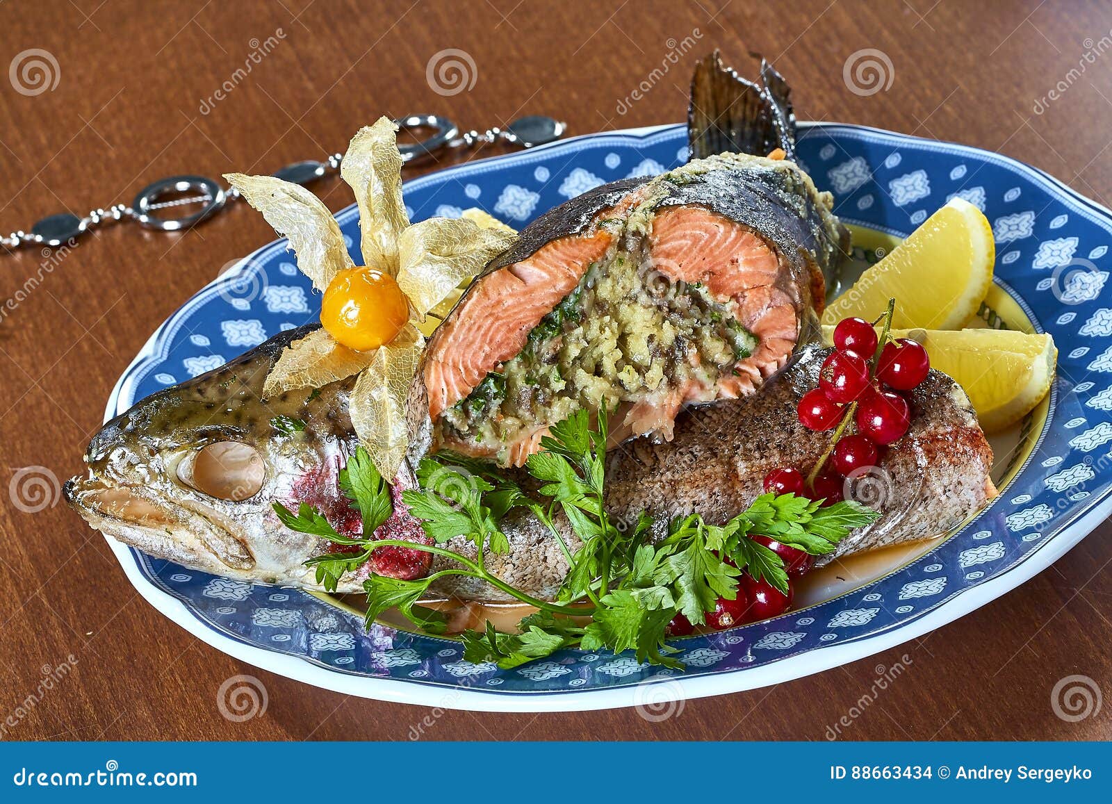 Fried Stuffed Fish on a Platter Festive Menu Stock Photo - Image of ...