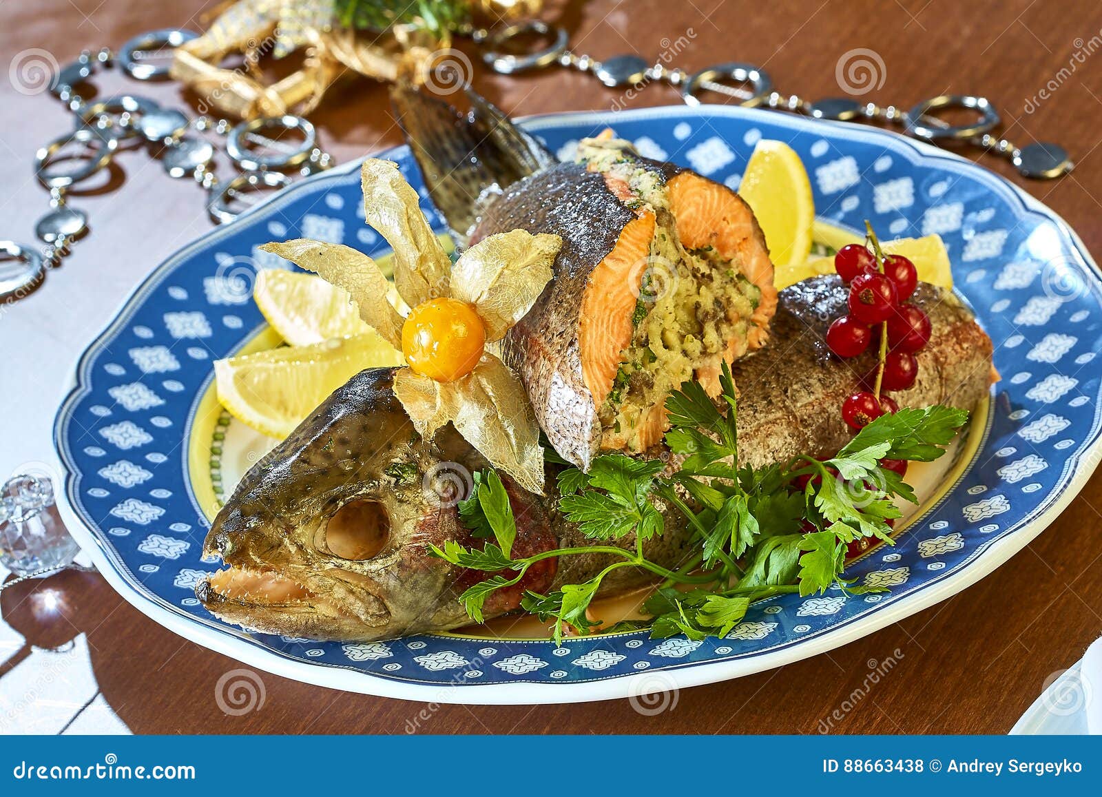 Fried Stuffed Fish on a Platter Festive Menu Stock Photo - Image of ...