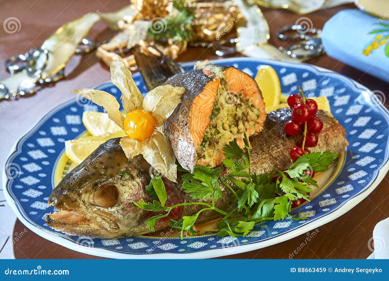Fried Stuffed Fish on a Platter Festive Menu Stock Image - Image of ...