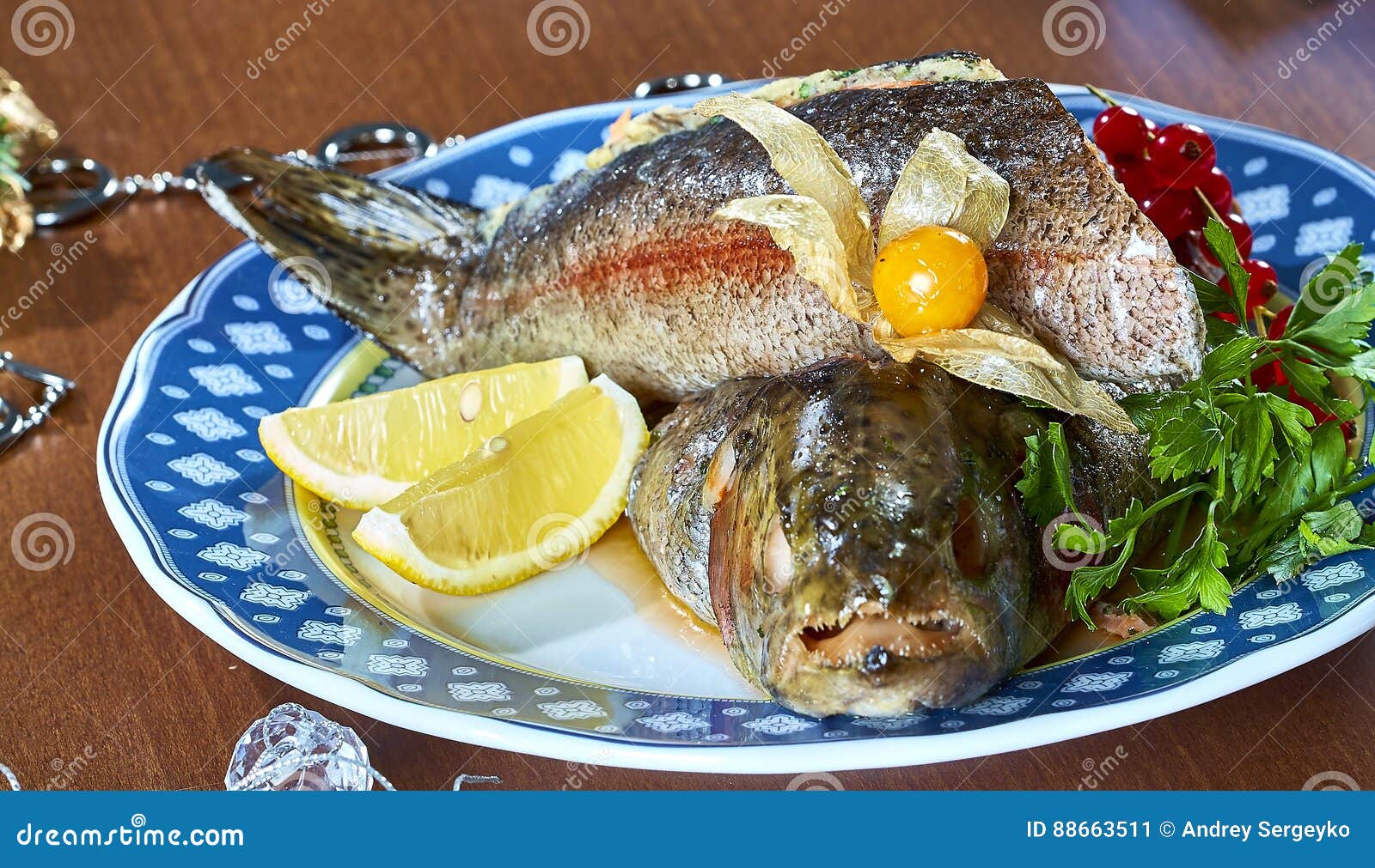 Fried Stuffed Fish on a Platter Festive Menu Stock Image - Image of ...