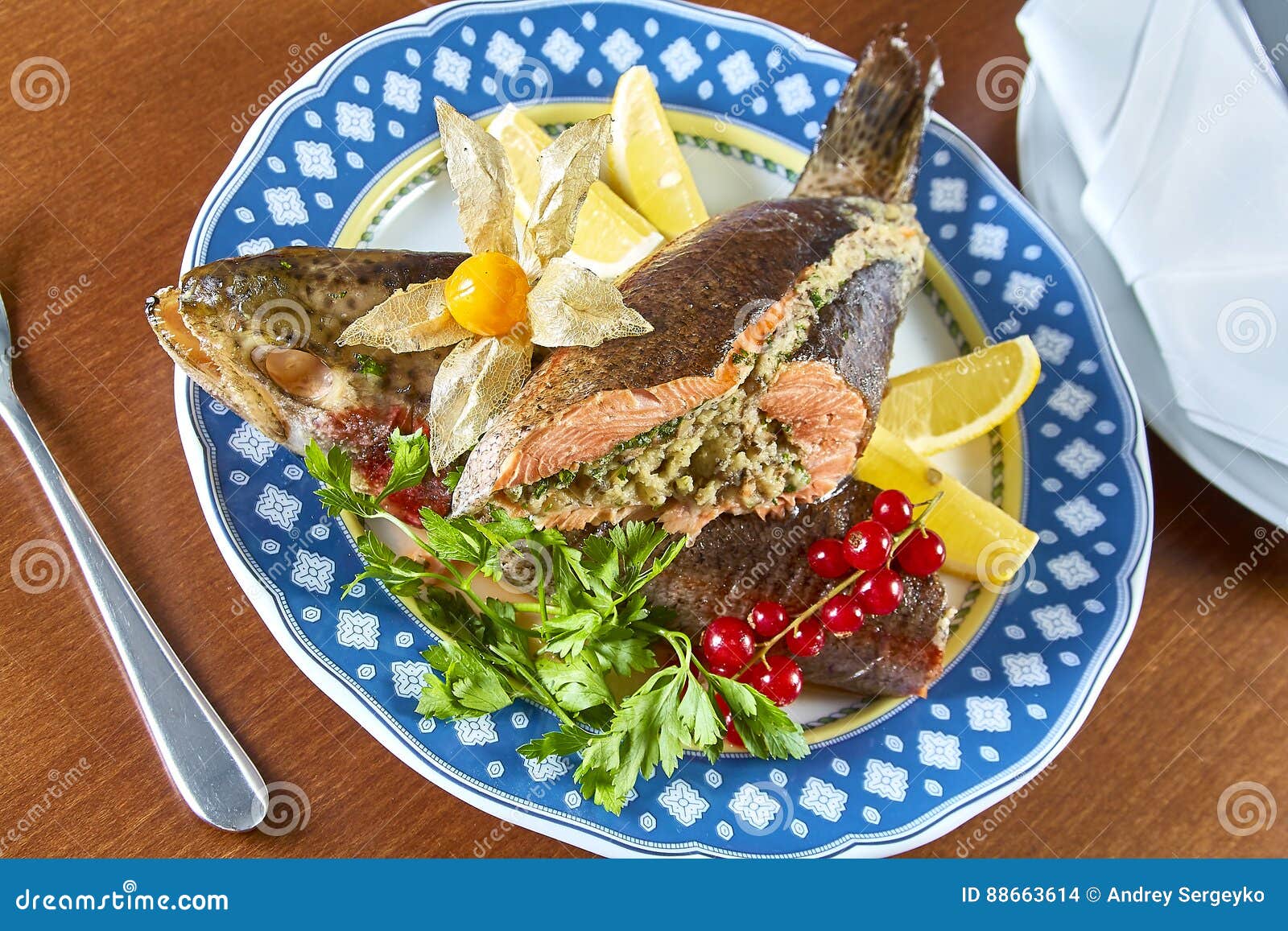Fried Stuffed Fish on a Platter Festive Menu Stock Photo - Image of ...