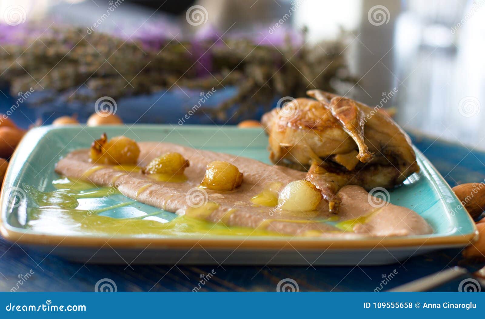Fried Stuffed Quail with Mashed Chestnuts and Small Onions Stock Photo ...