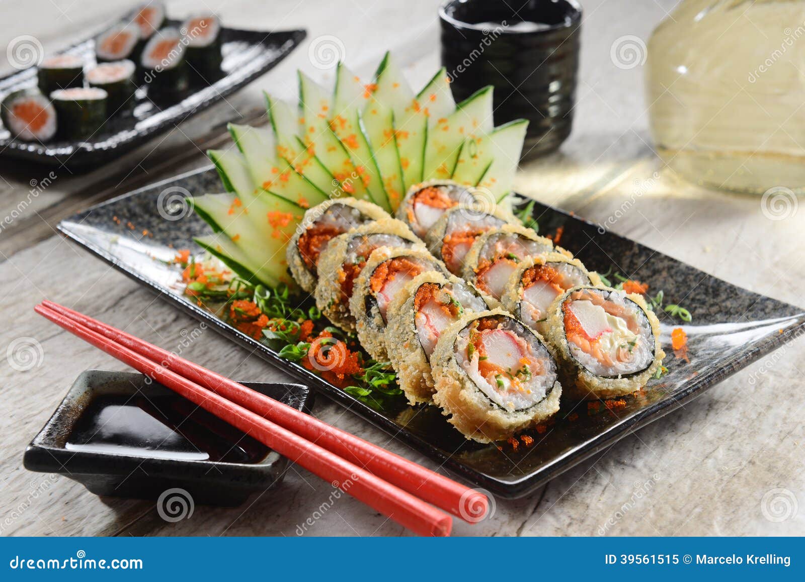 Hot Fried Sushi Roll With Shrimp, Cucumber And Unagi Sauce. Stock ...