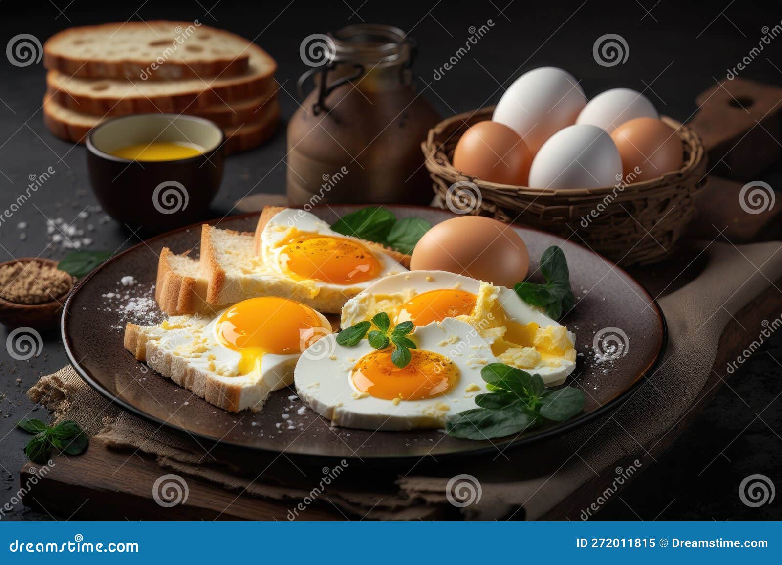 Fried Toast Bread With Four Different Types Of Cooked Chicken Eggs. AI ...