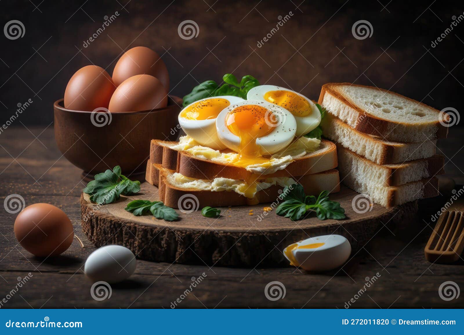 Fried Toast Bread With Four Different Types Of Cooked Chicken Eggs. AI ...