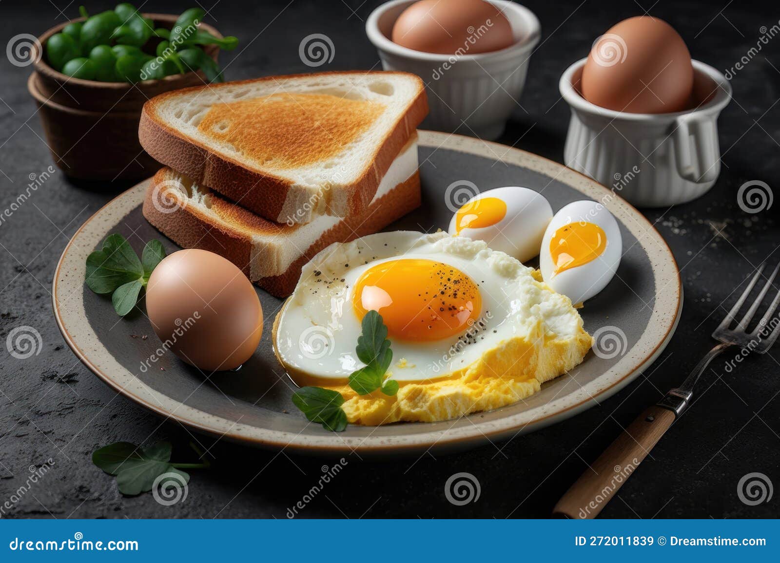 Fried Toast Bread With Four Different Types Of Cooked Chicken Eggs. AI ...