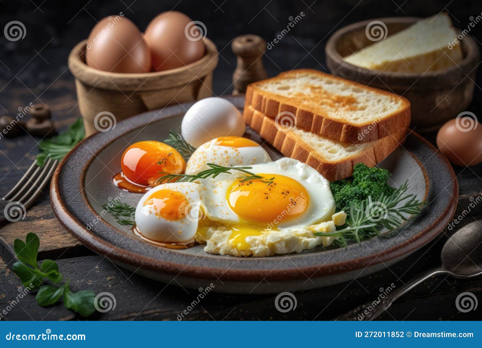 Fried Toast Bread with Four Different Types of Cooked Chicken Eggs. AI ...