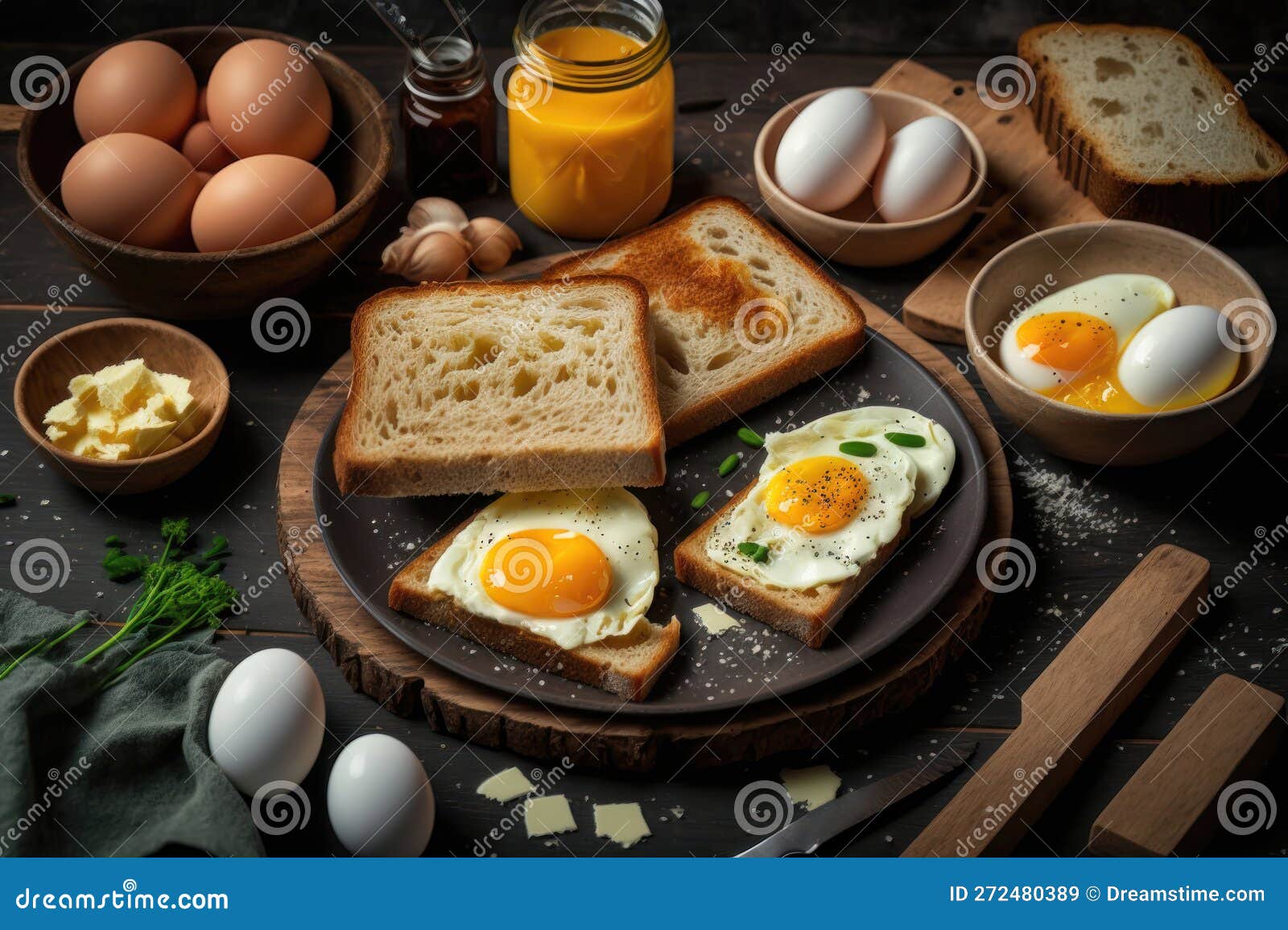 Fried Toast Bread With Four Different Types Of Cooked Chicken Eggs. AI ...