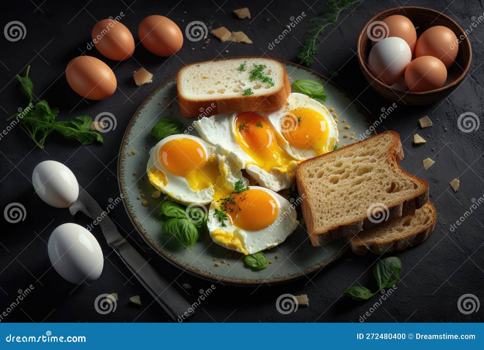Fried Toast Bread With Four Different Types Of Cooked Chicken Eggs. AI ...