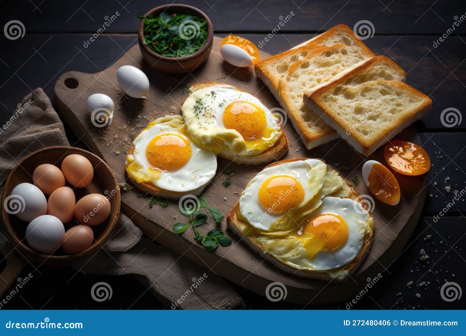 Fried Toast Bread With Four Different Types Of Cooked Chicken Eggs. AI ...