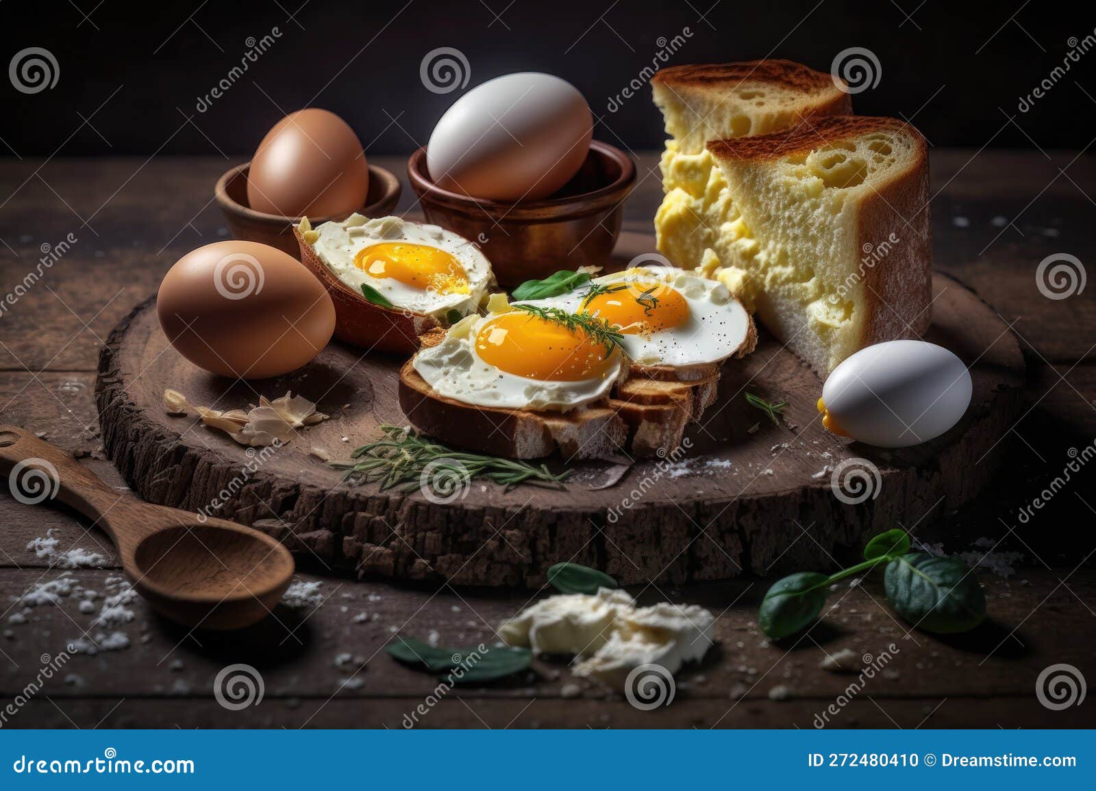 Fried Toast Bread With Four Different Types Of Cooked Chicken Eggs. AI ...