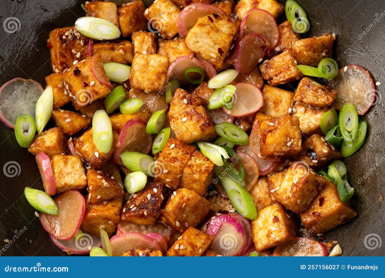 Fried Tofu with Radish, Spring Onion and Garlic, Ginger Dressing in Wok ...