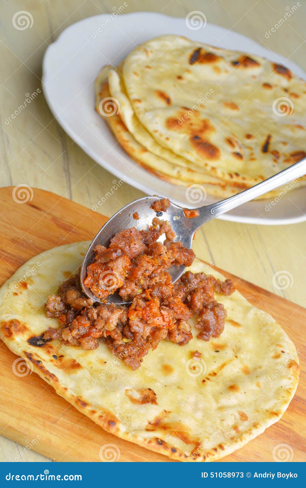 Fried tortilla with meat stock image. Image of background - 51058973