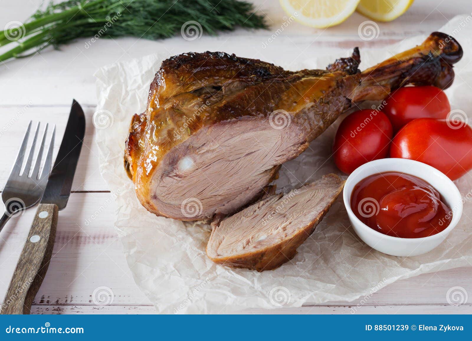 Fried Turkey Leg with Ketchup on Parchment Stock Image - Image of ...