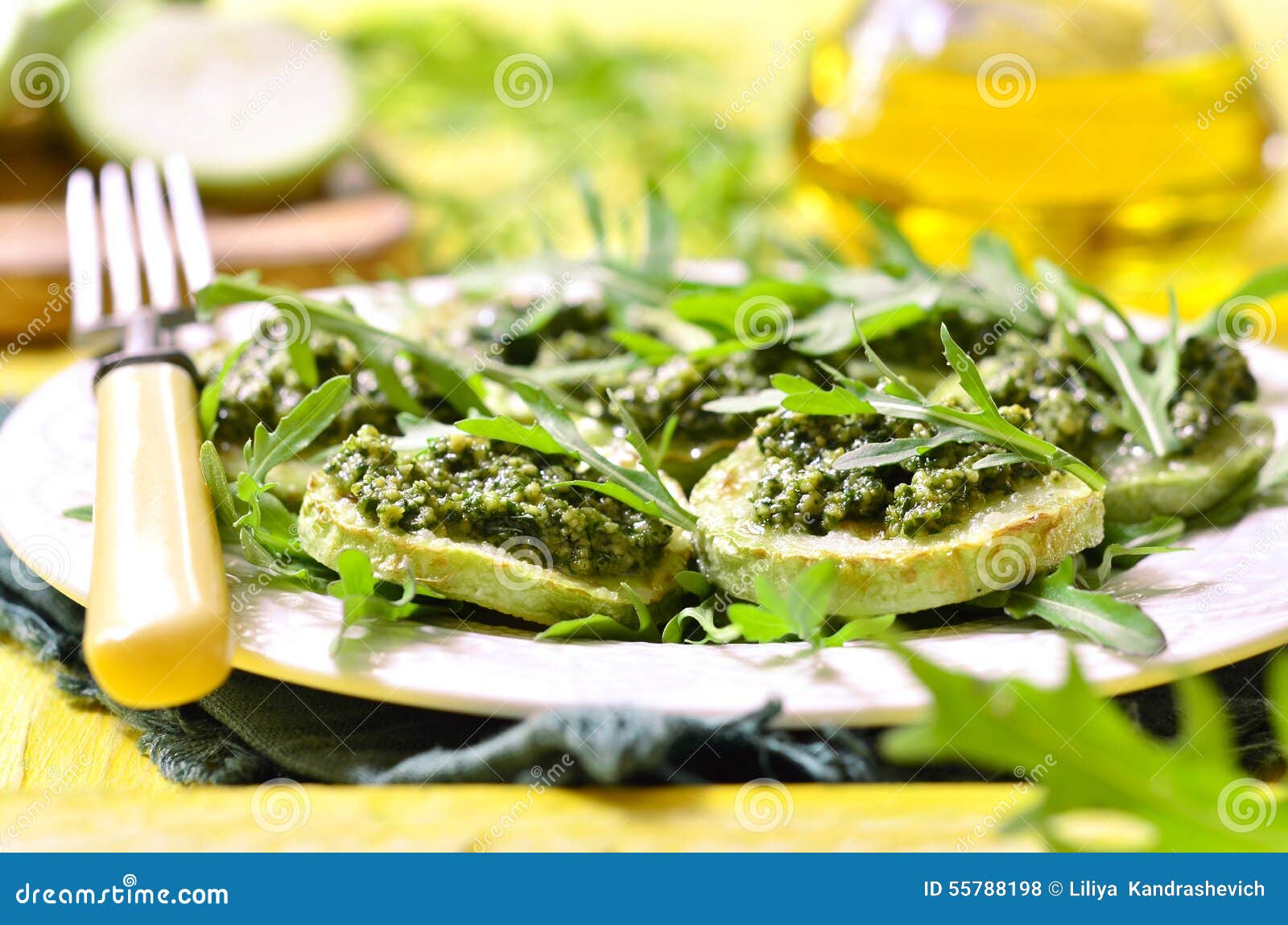 Fried Vegetable Marrow with Sauce Pesto. Stock Photo - Image of basil ...