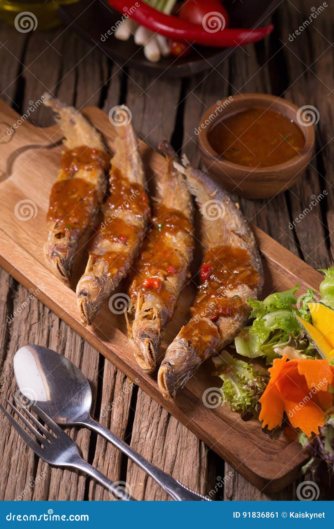 Fried Whisker Sheat Fish with Chili Sauce Stock Image - Image of ...