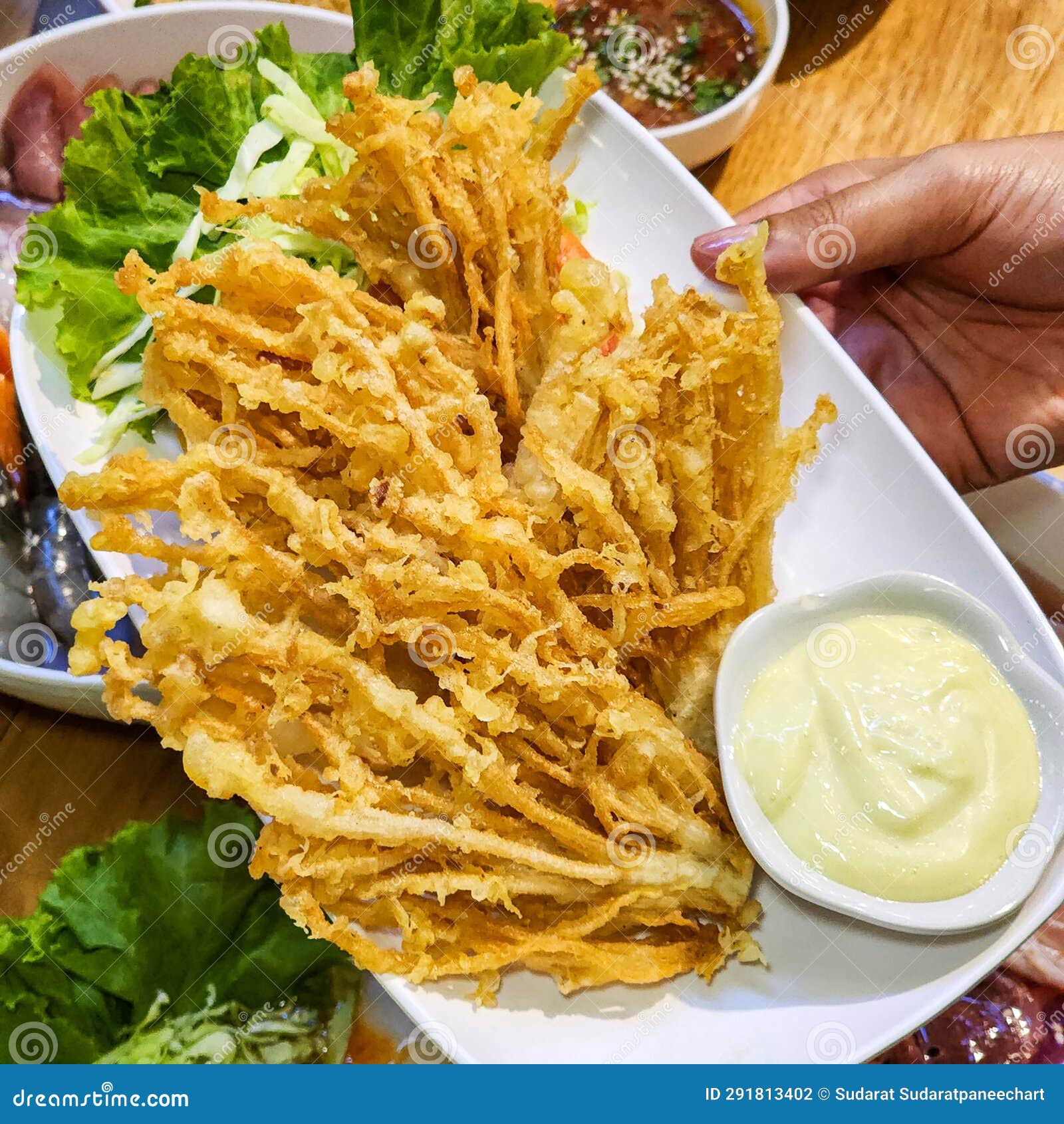 Fried White Needle Mushrooms, Thai Food Stock Photo - Image of food ...