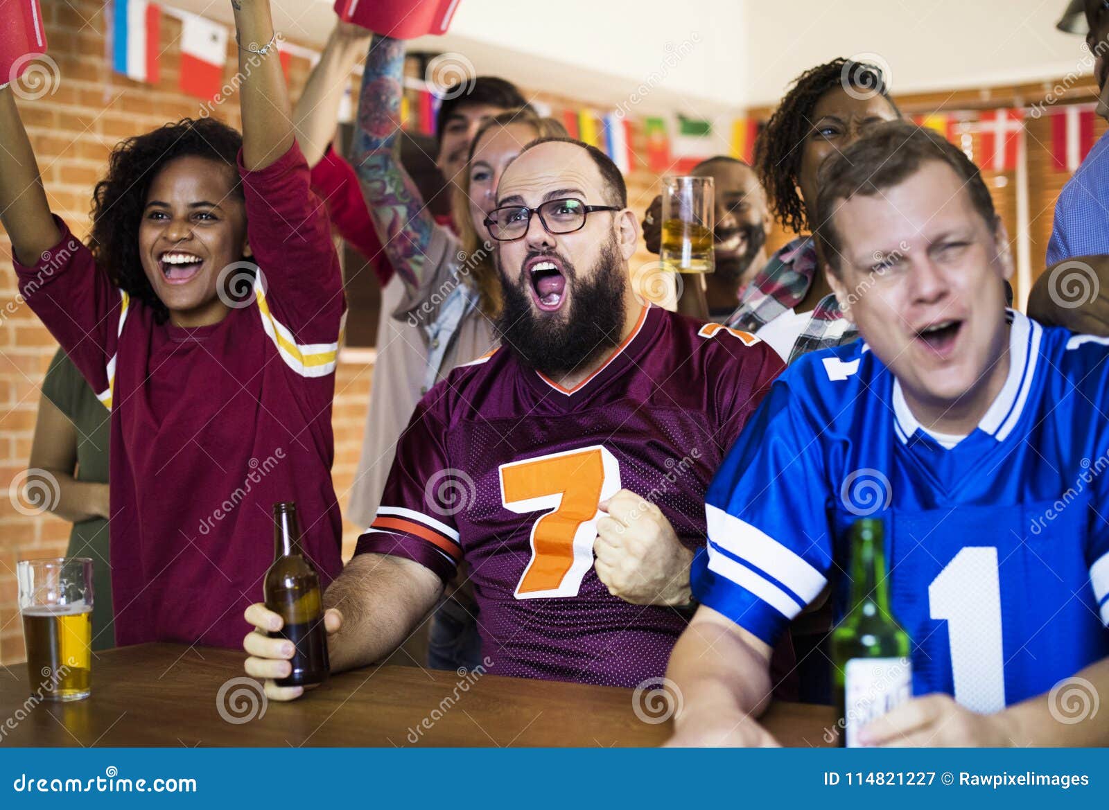 Frieds Cheering Sport at Bar Together Stock Image - Image of bowl ...