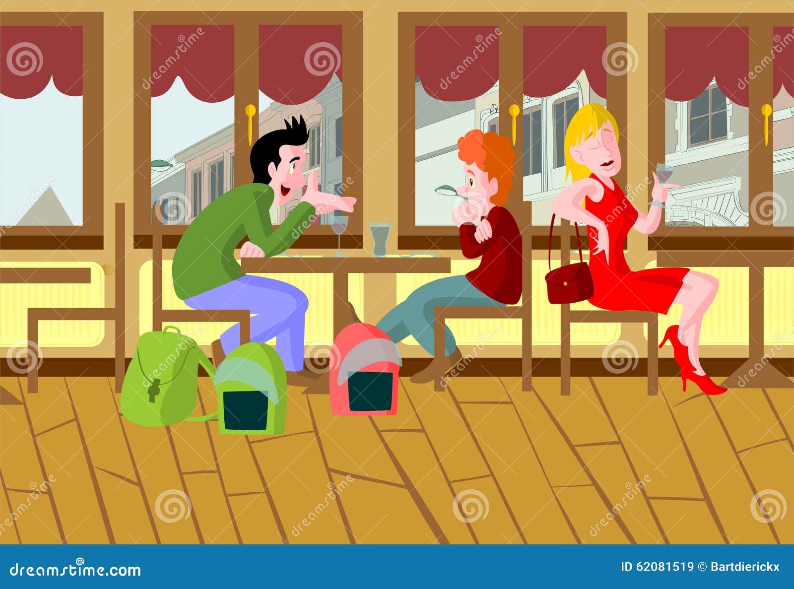 Friends in a restaurant stock illustration. Illustration of helmet ...
