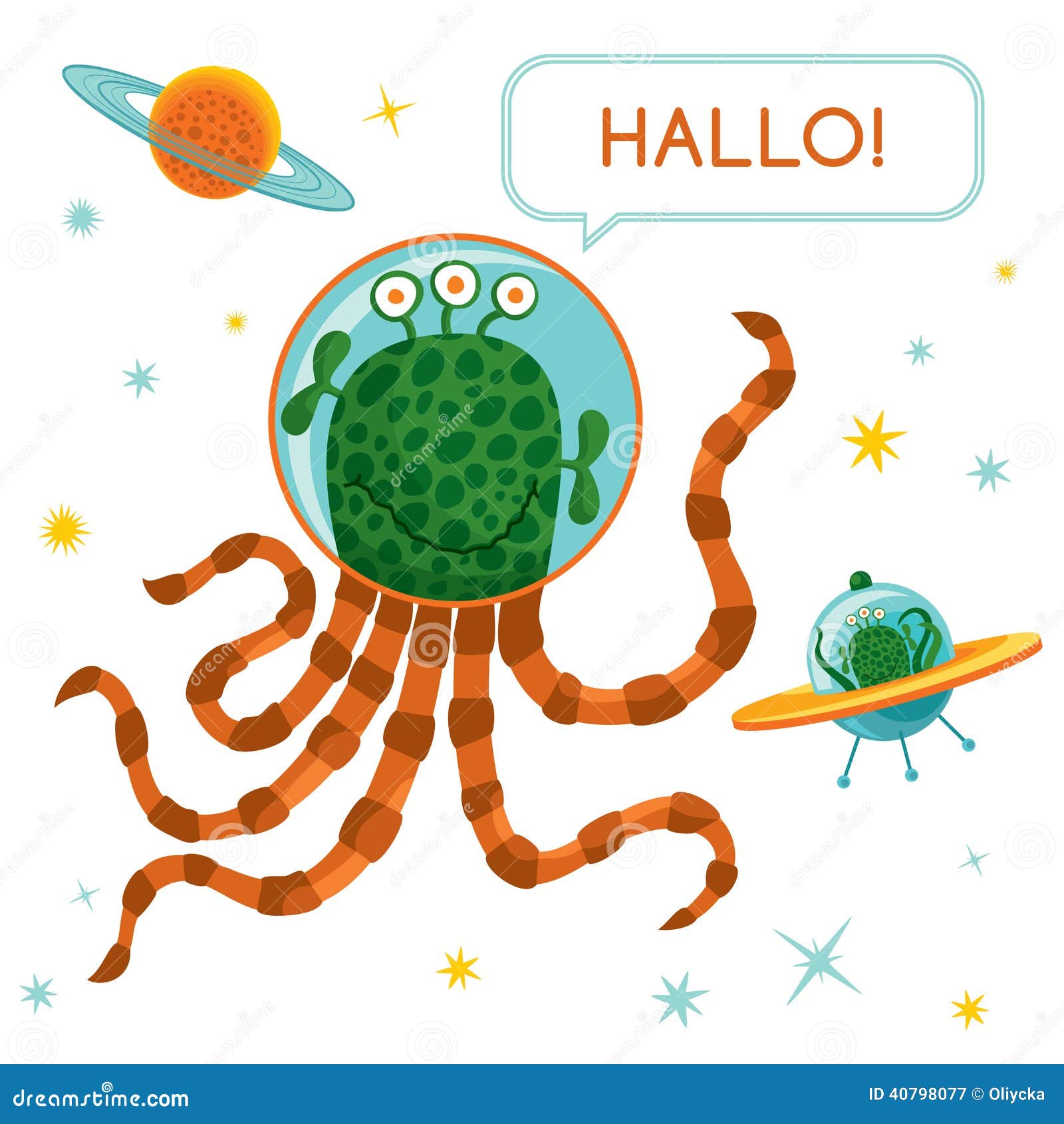 Friendly Alien with Spaceship and Cosmic Elements Stock Vector ...