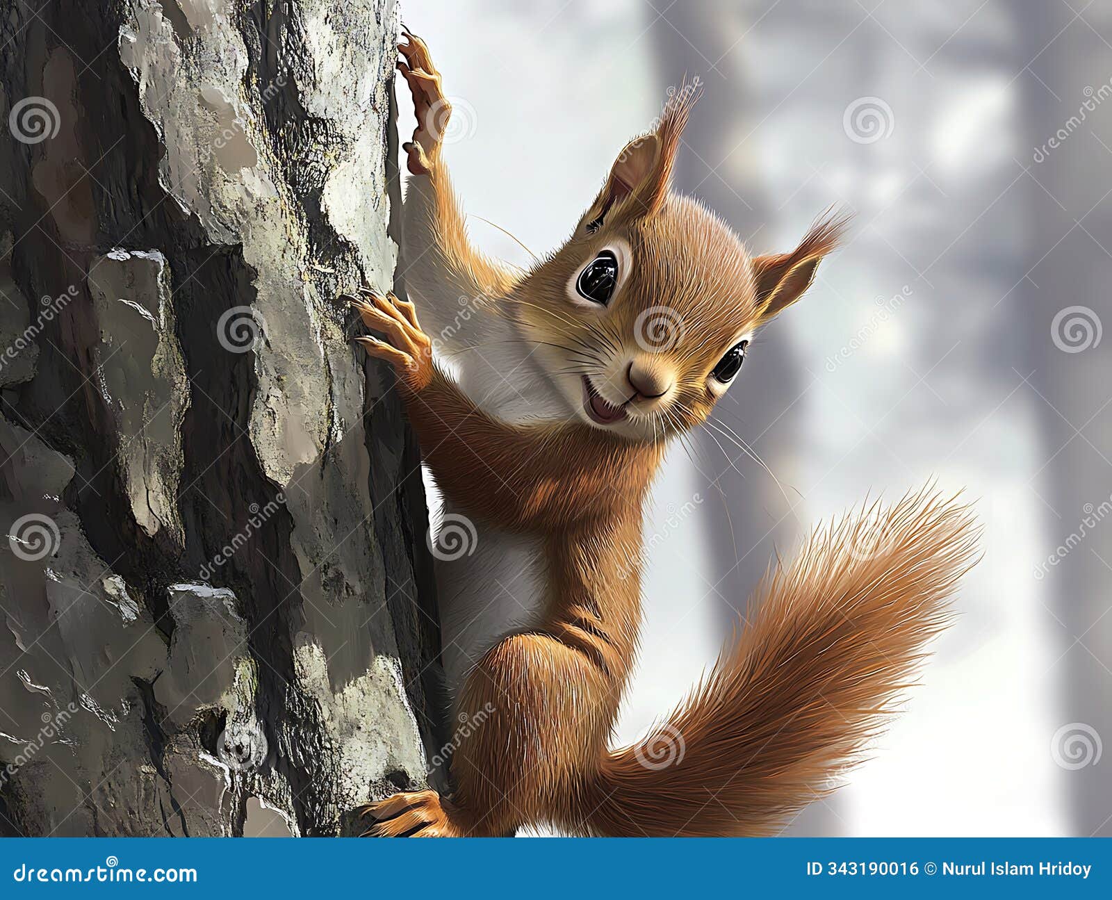 Friendly Animated Squirrel Climbing a Tree, Smiling with Curiosity in a ...