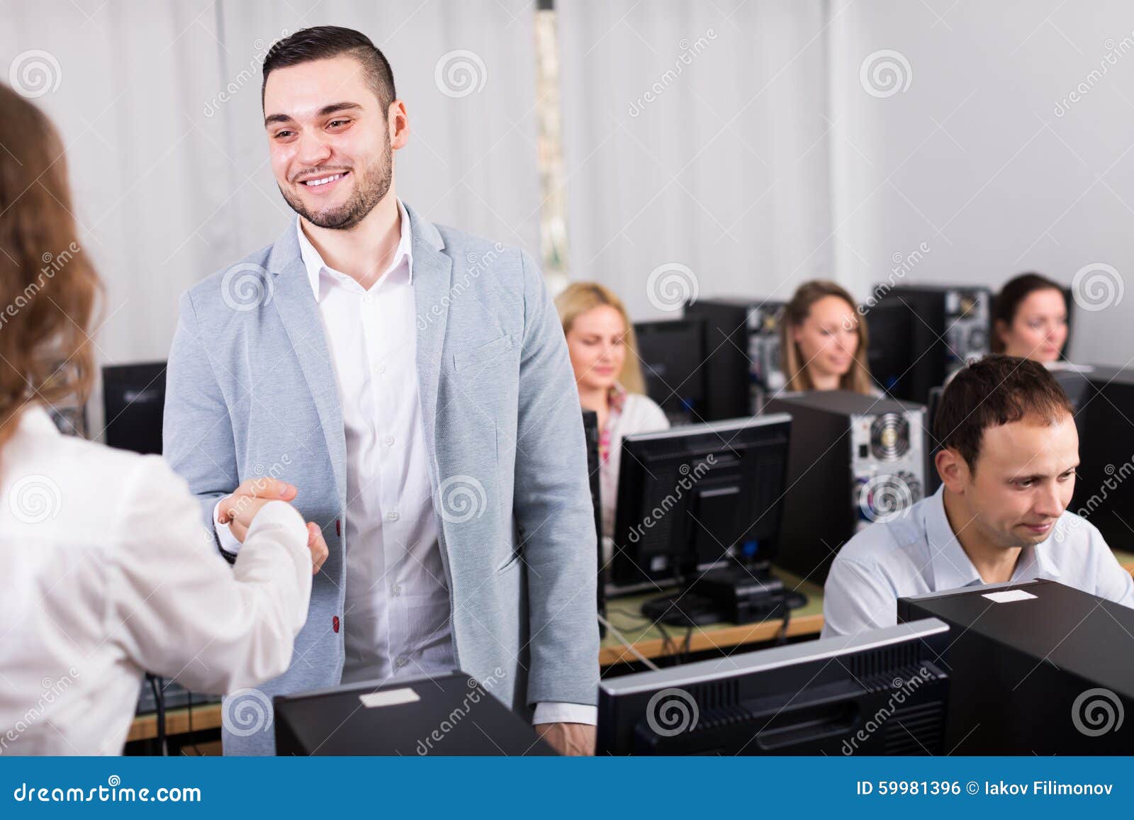 Friendly Boss Greeting New Colleague Stock Photo - Image of happy ...