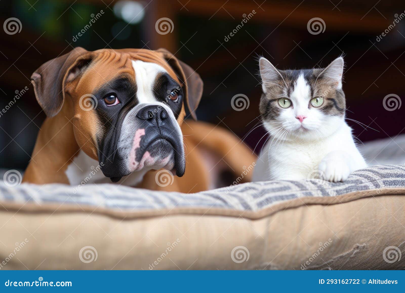 Friendly Boxer Dog Sharing a Dog Bed with a Persian Cat Stock Photo ...