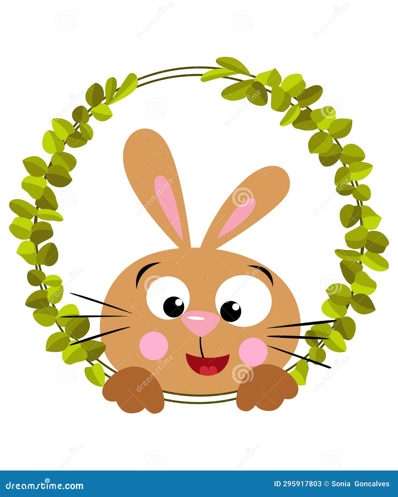 Friendly Bunny Peeking Out of Round Leaves Frame Stock Illustration ...