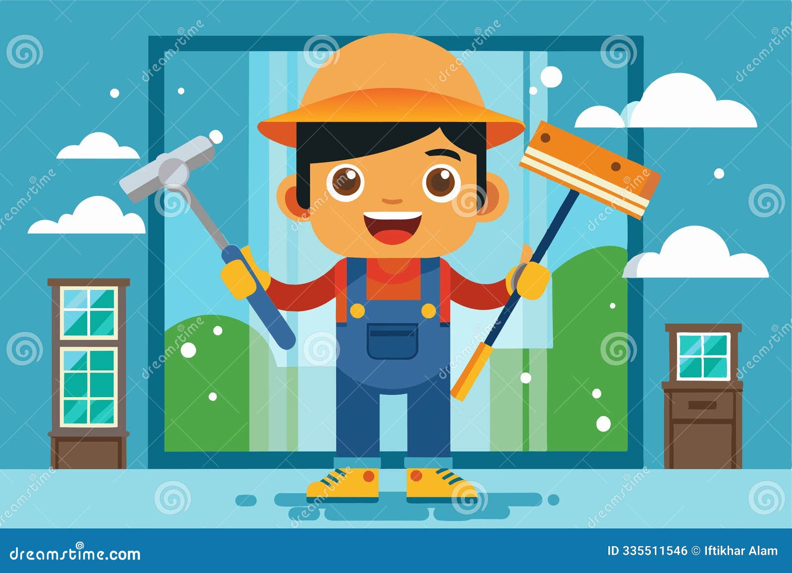 A Friendly Cartoon Character Stands with a Squeegee and Scraper, Ready ...