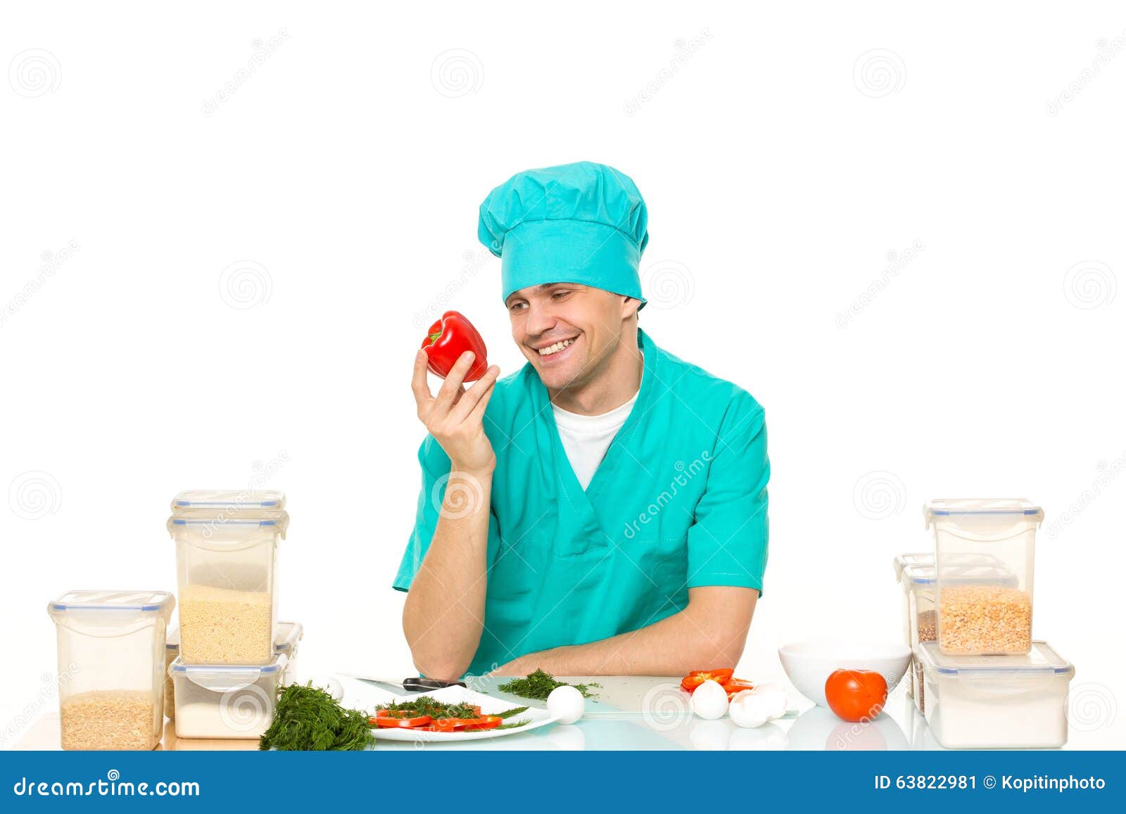 Friendly Chef Preparing Vegetables in His Kitchen. Pepper Loves Stock ...
