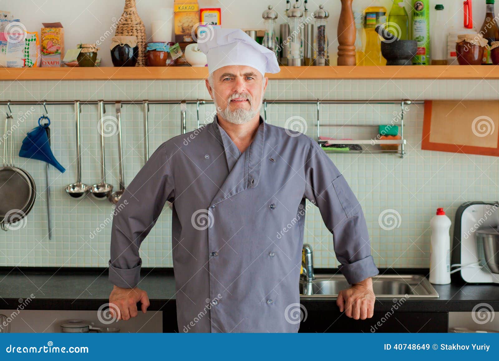 Friendly Chef Smiling on His Kitchen Stock Image - Image of greens ...