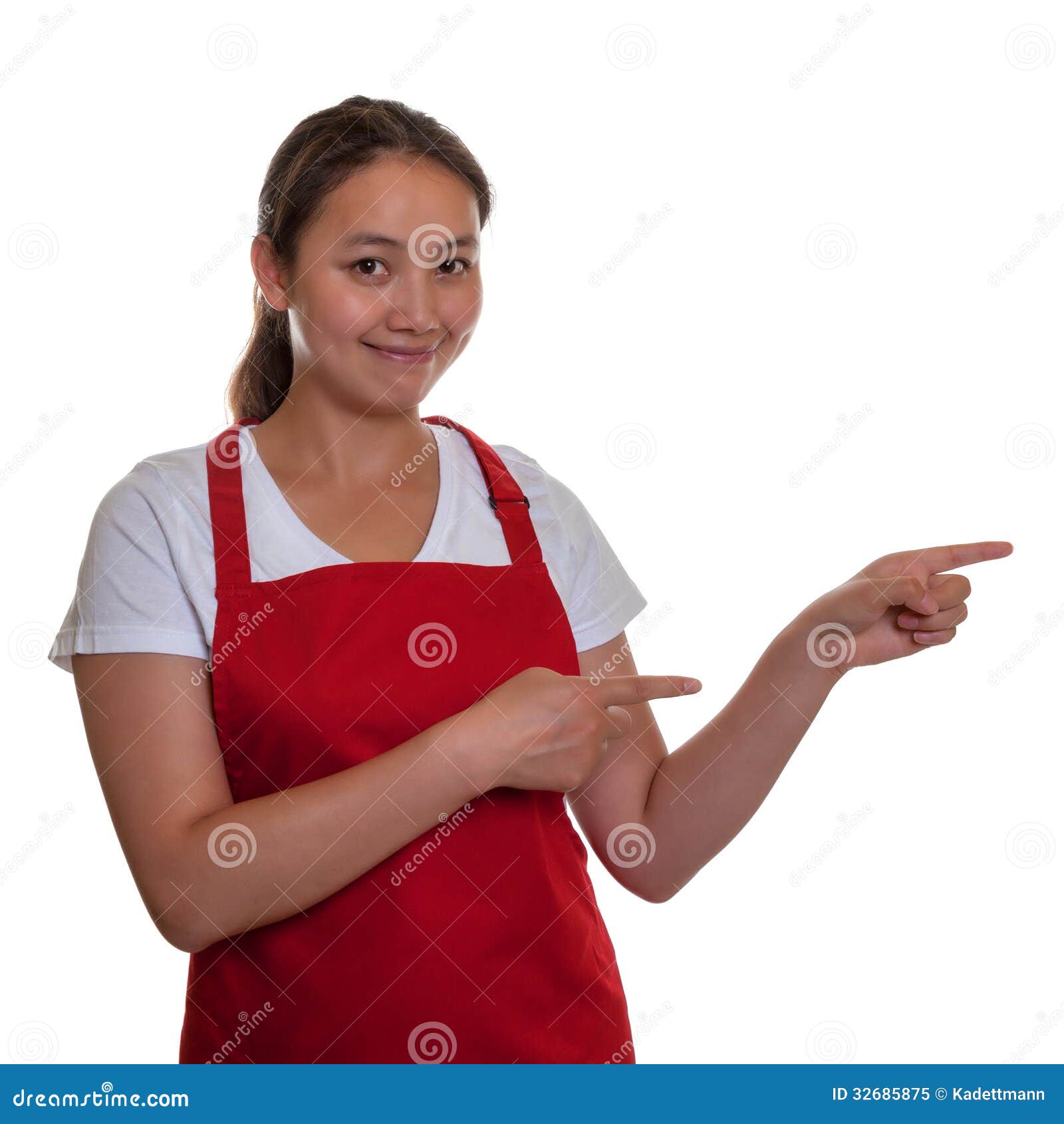 Friendly Chinese Waitress Pointing To the Right Stock Image - Image of ...
