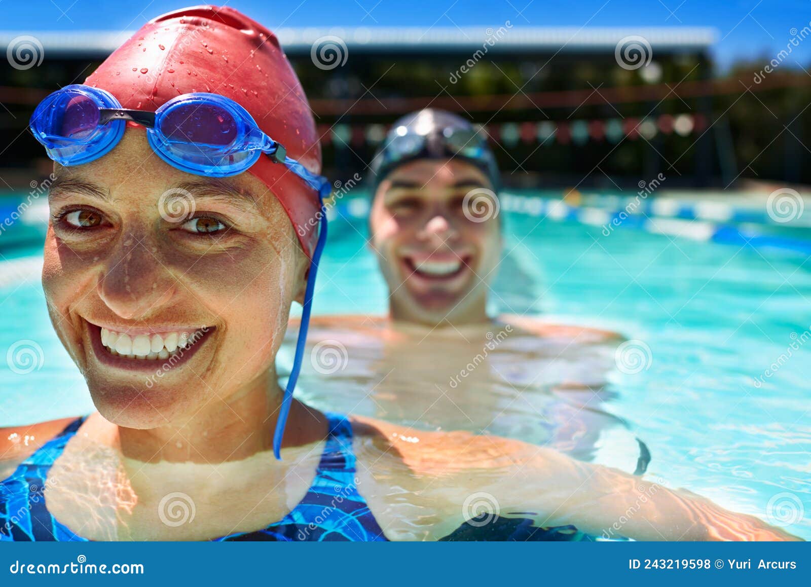 Friendly Competition. Two Swimmer Standing in a Pool Smiling. Stock ...