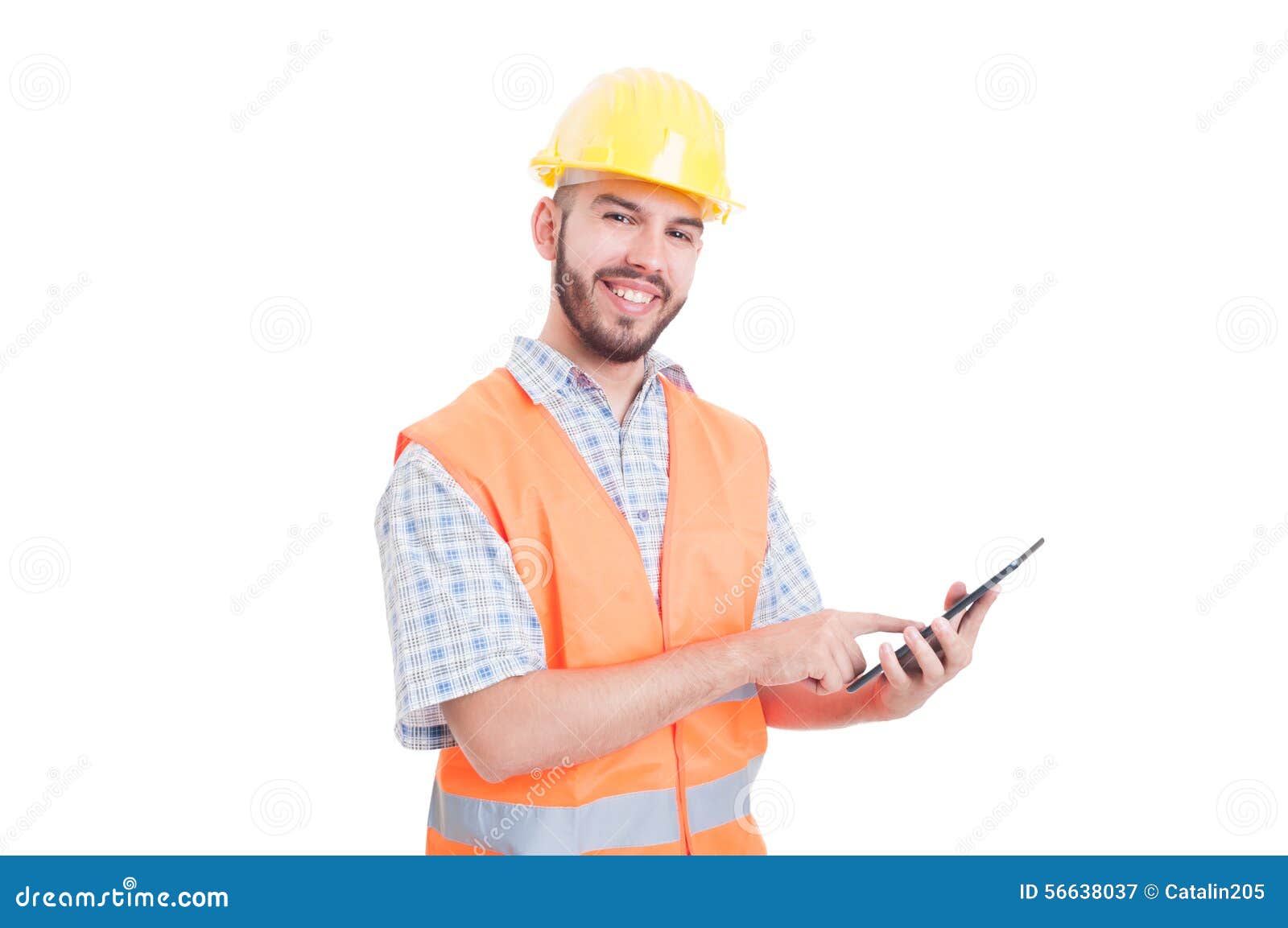 Friendly Construction Worker Using Tablet Stock Image - Image of male ...