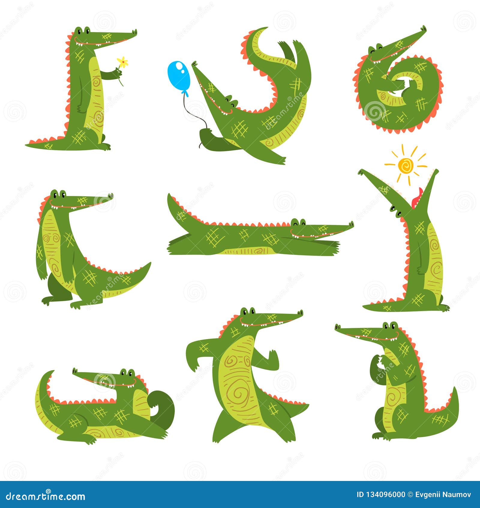 Friendly Crocodile in Different Poses Set, Funny Predator Cartoon ...