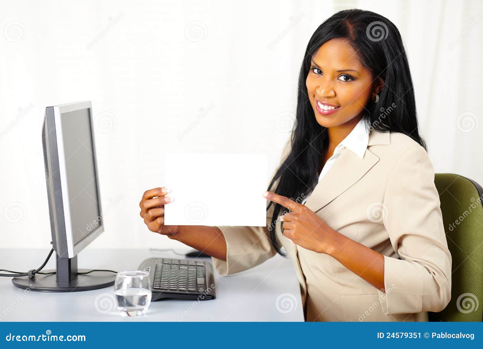 Friendly Executive Lady Showing a White Card Stock Image - Image of ...