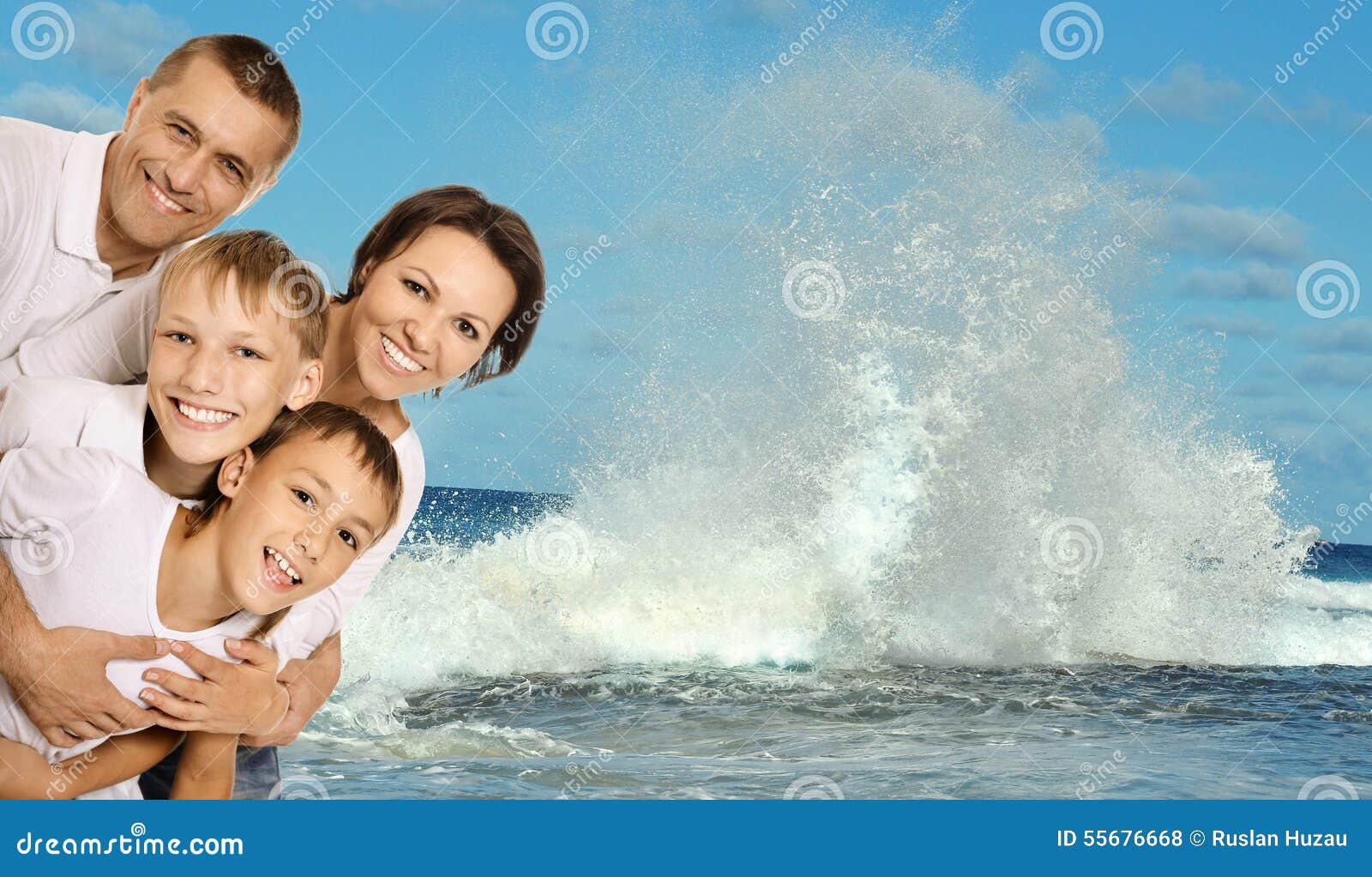 Friendly Family on a Background of Sea Wave Stock Photo - Image of ...
