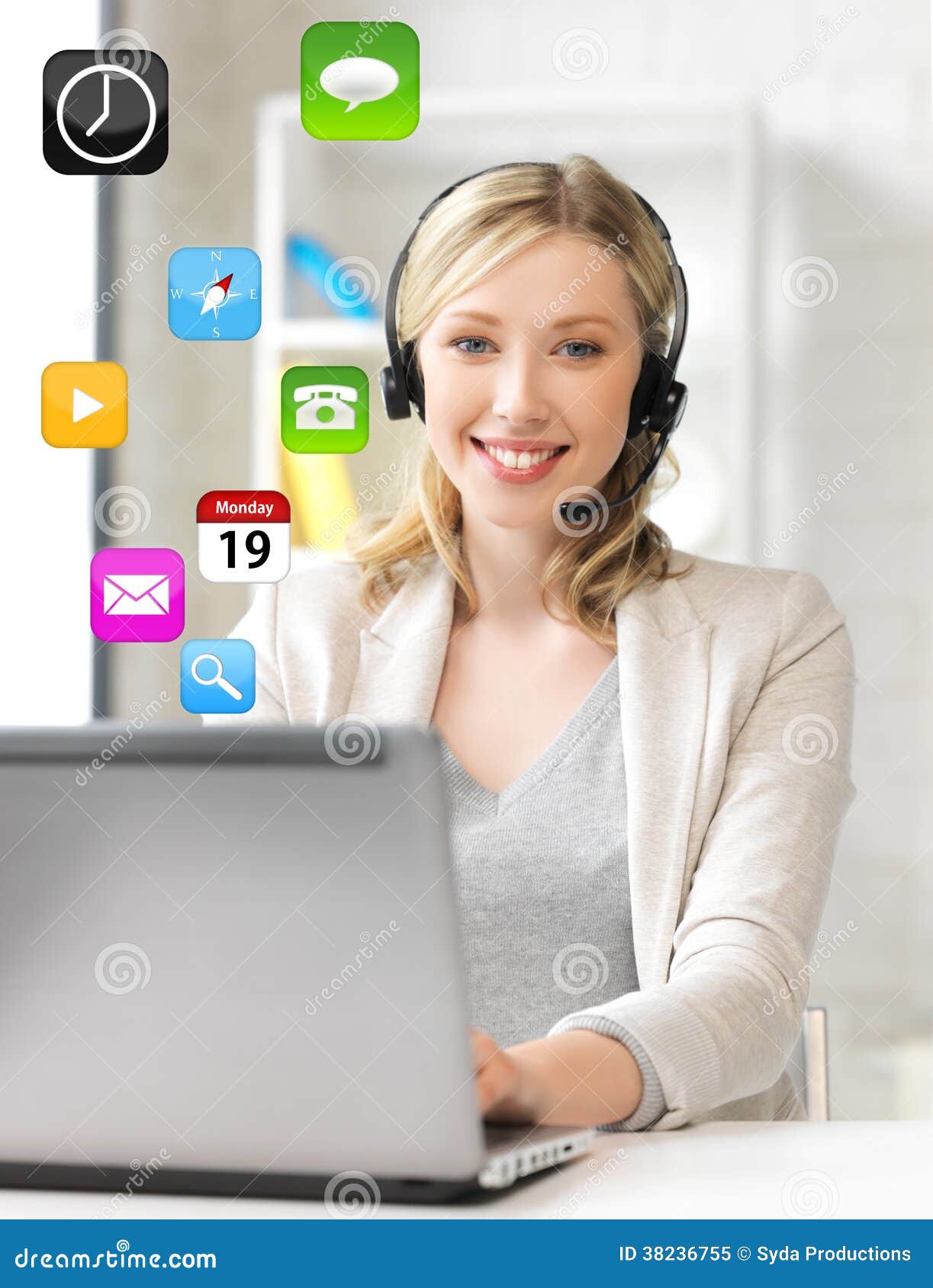 Friendly Female Helpline Operator with Laptop Stock Image - Image of ...