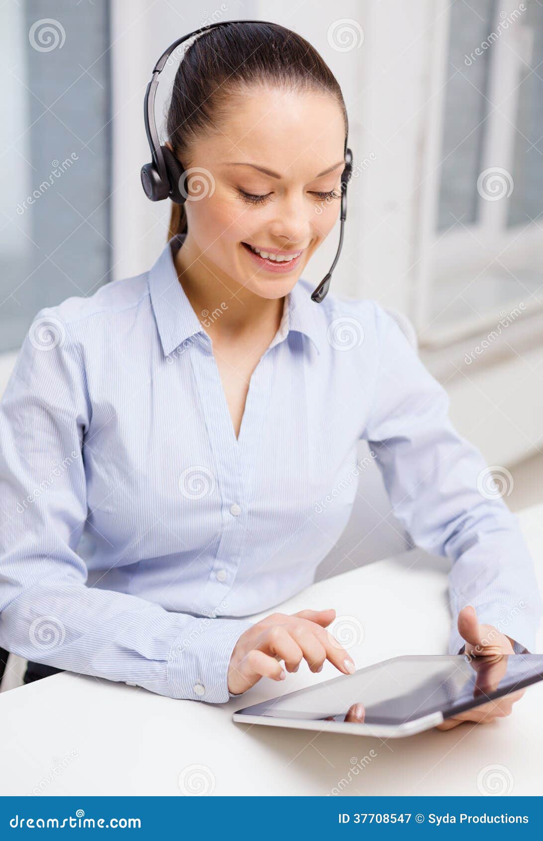 Friendly Female Helpline Operator with Tablet Pc Stock Image - Image of ...