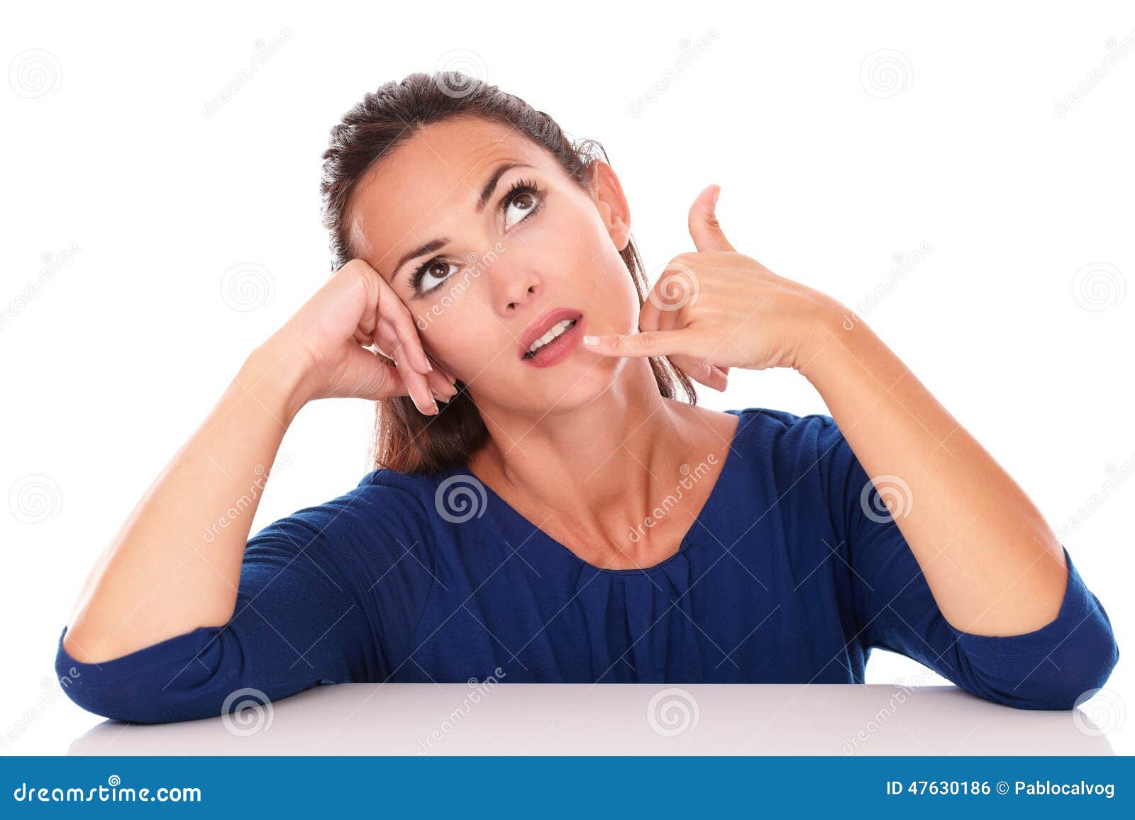 Friendly Female Looking Up while Making a Call Stock Photo - Image of ...