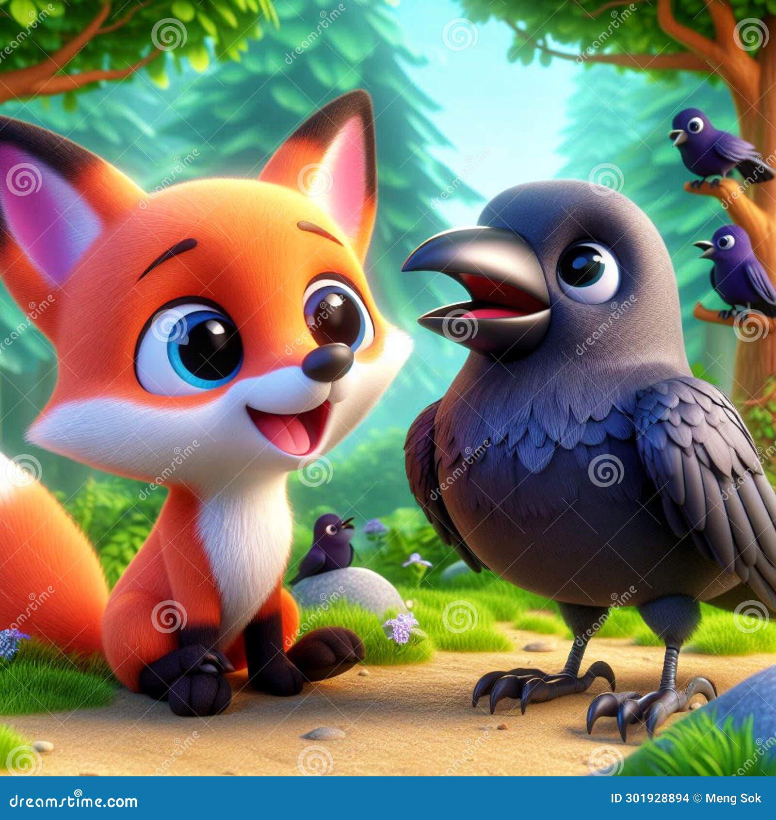 A Friendly Fox and a Talkative Bird in a Cheerful Forest. Stock ...